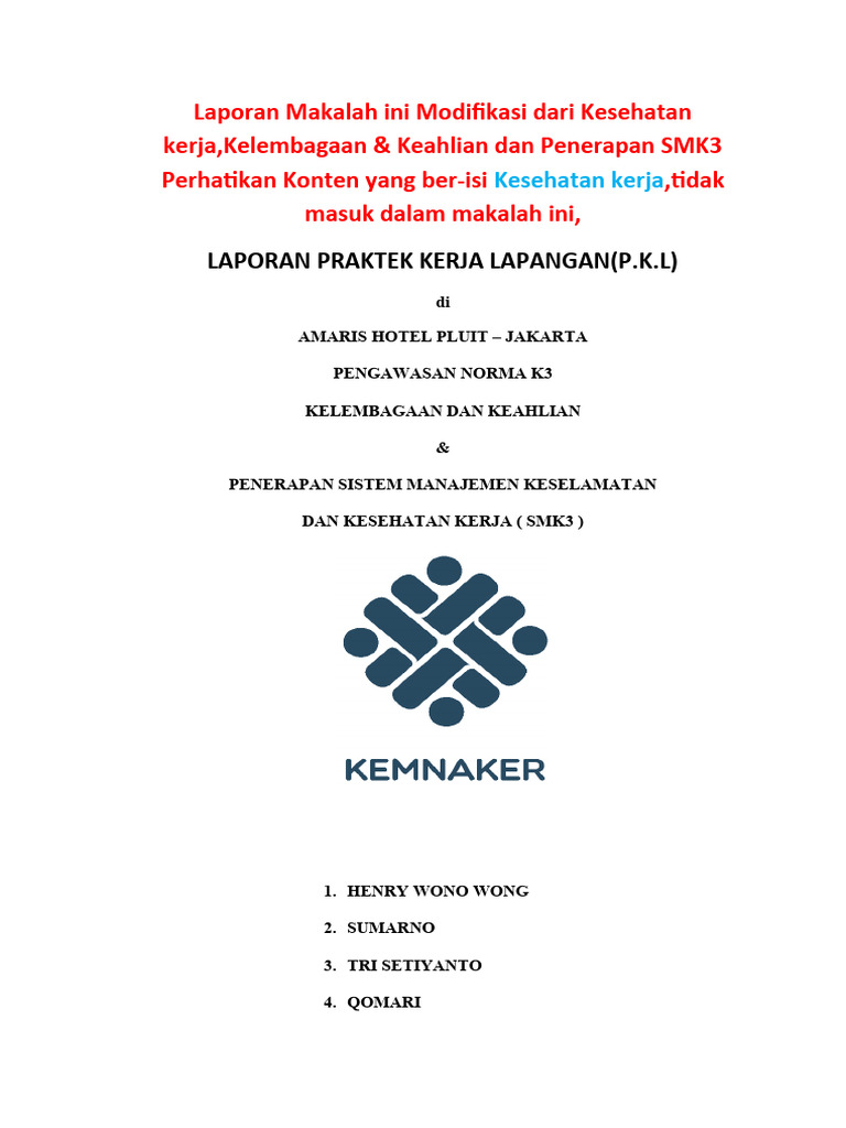 Laporan PKL Kelompok Bidang K3 Kelembagaan Dan Keahlian K3 SMK3 Audit SMK3 | PDF