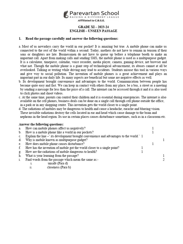 Unseen Passage 1 | PDF | Telephone | Mobile Phones