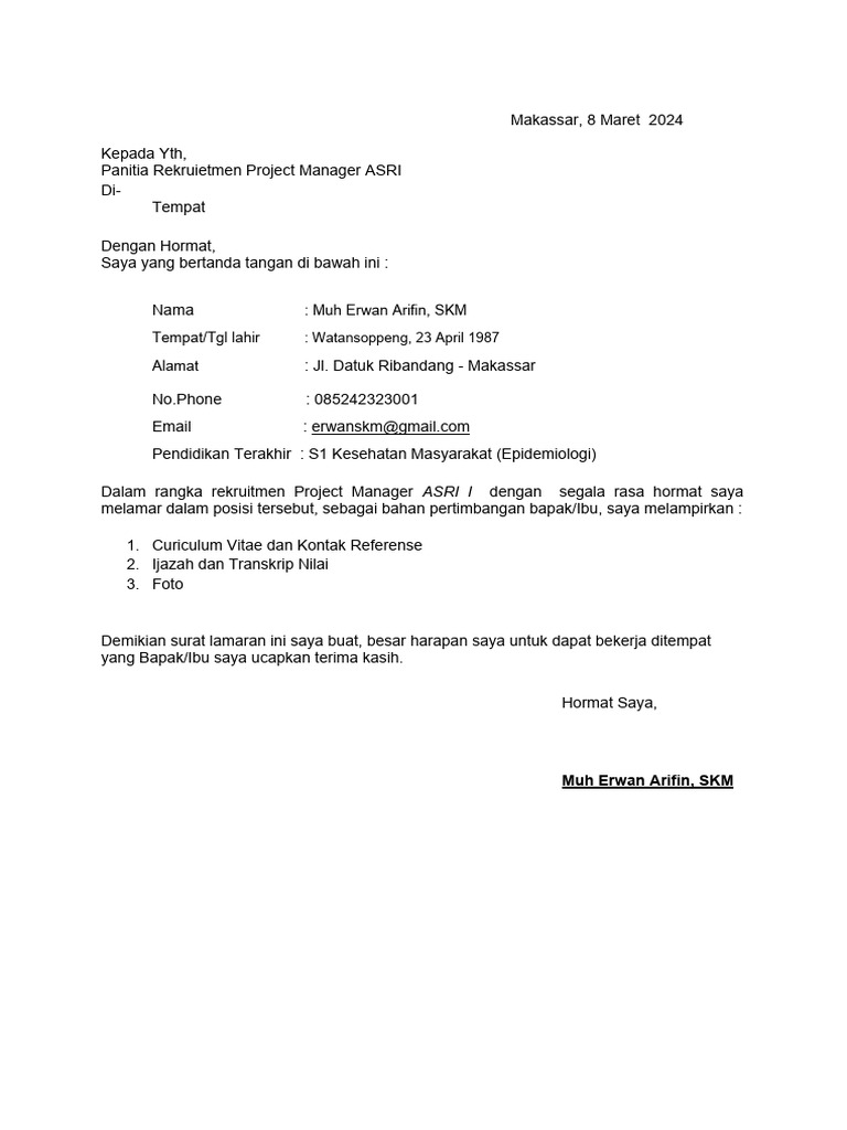Lamaran Project Manager ASRI oleh Muh Erwan | PDF