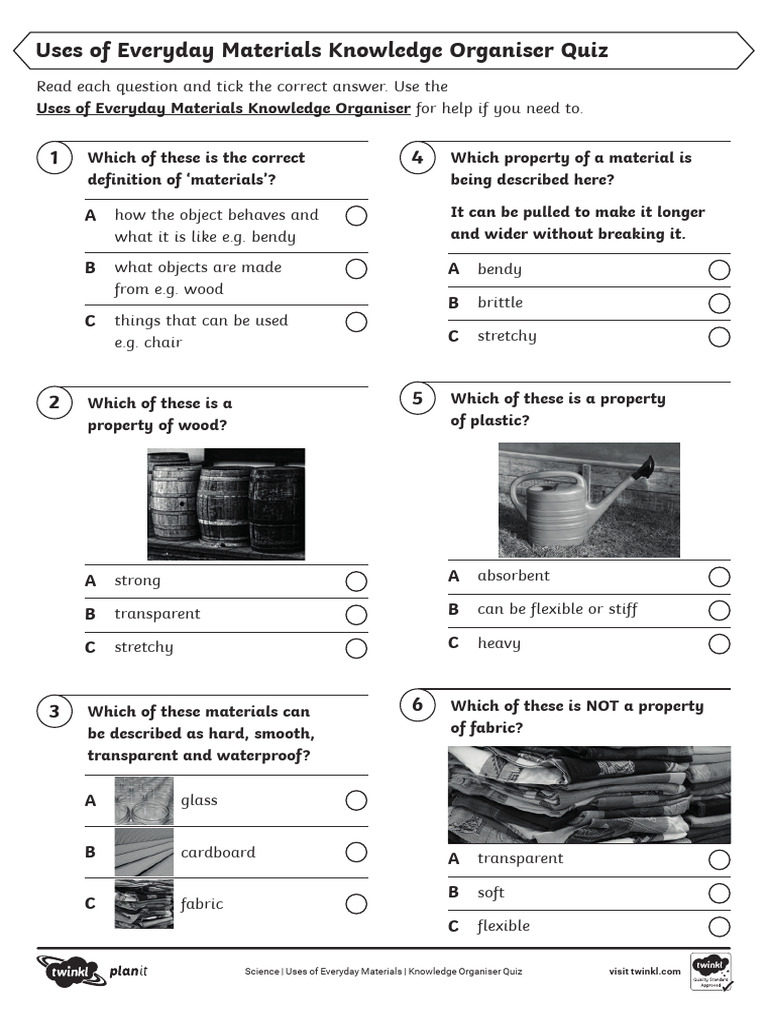 Everyday Materials Quiz for Year 2 | PDF | Natural Rubber | Textiles