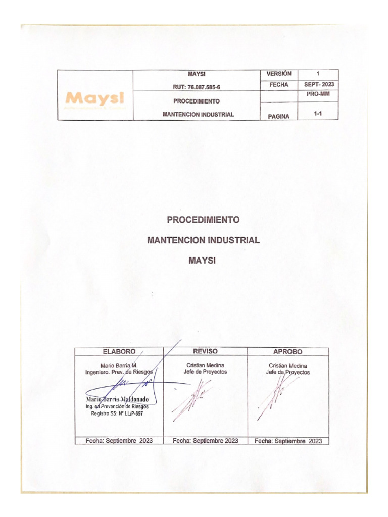 Procedimiento Mantencion Industrial MAYSI | PDF