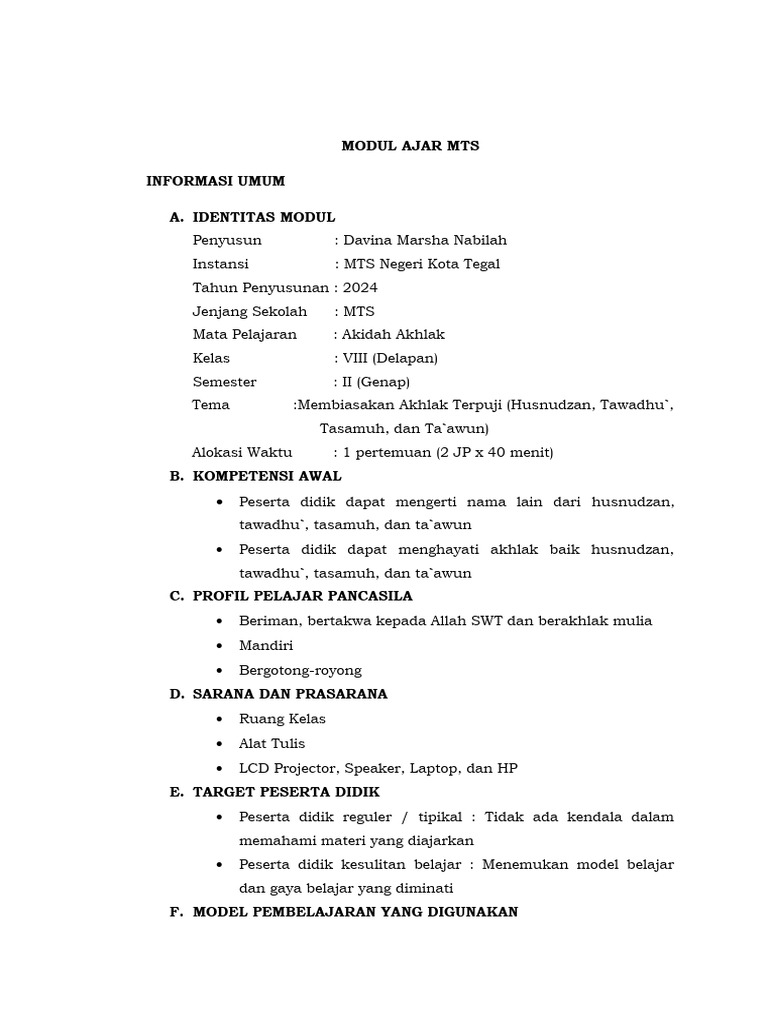 Modul Ajar Kurmer Akidah Akhlak Mts Kelas 7am Mst To Est To Pst