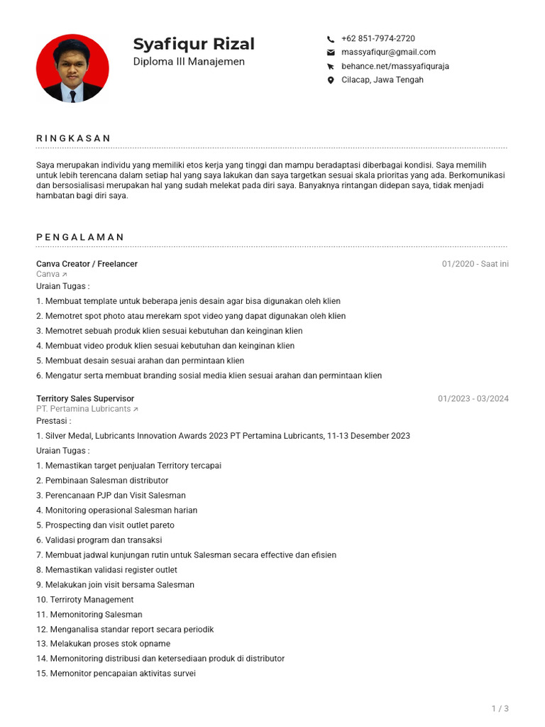 Syafiqur Rizal - Diploma III Manajemen - CV | PDF