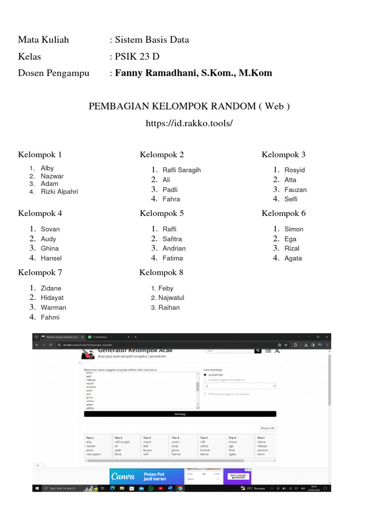 Kelompok Sistem Basis Data Psik 23 D | PDF