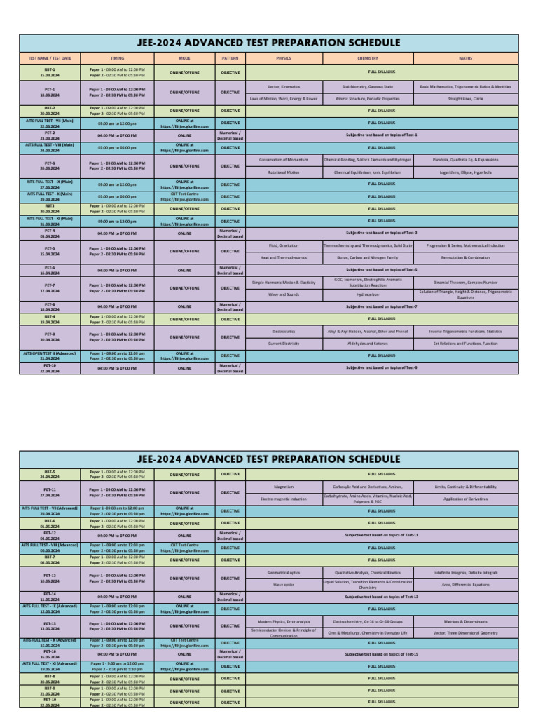 JEE 2024 Test Schedule and Details | PDF | Ether | Physical Sciences