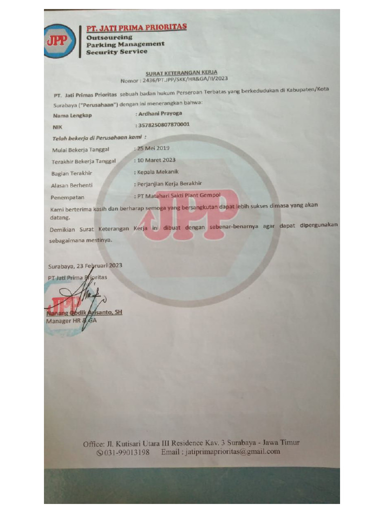 Surat Keterangan Kerja JPP | PDF