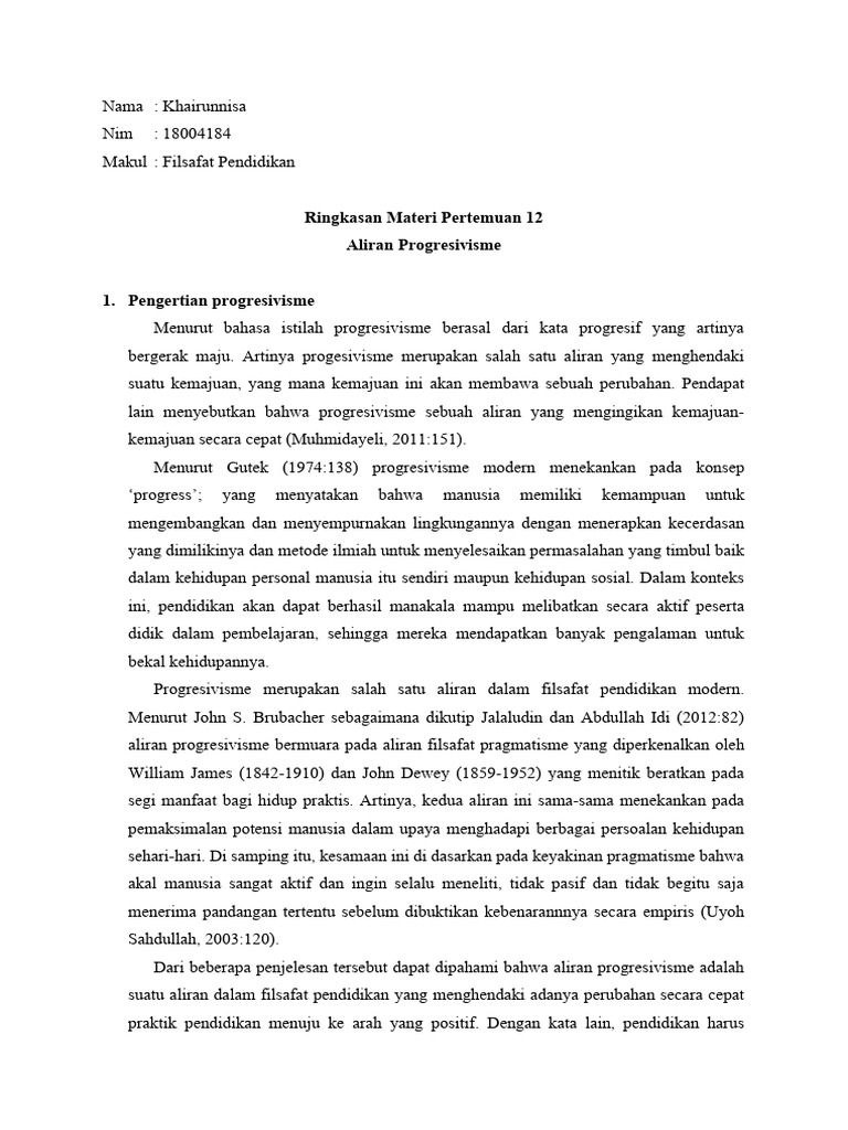 Aliran Progresivisme - Khairunnisa 18004184 | PDF