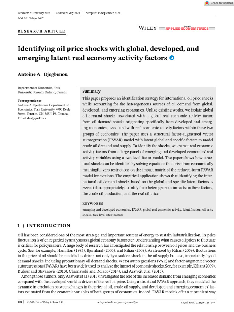 J Of Applied Econometrics 2023 Djogbenou Identifying Oil Price Shocks With Global