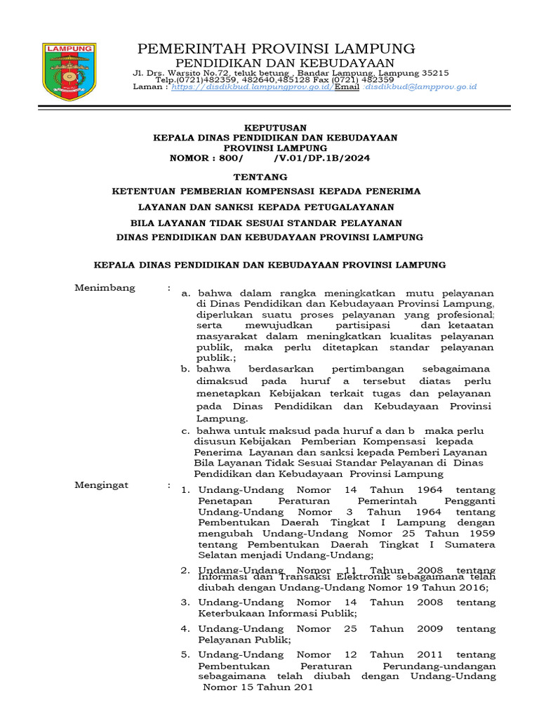 SK Standart Pelayanan DISDIK 2024 - ESIT | PDF