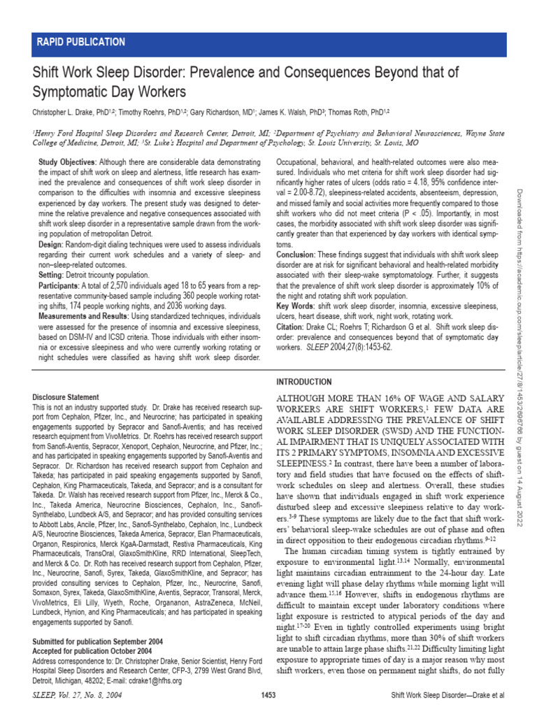 Shift Work Sleep Disorder Prevalence and | PDF | Shift Work | Sleep Disorder