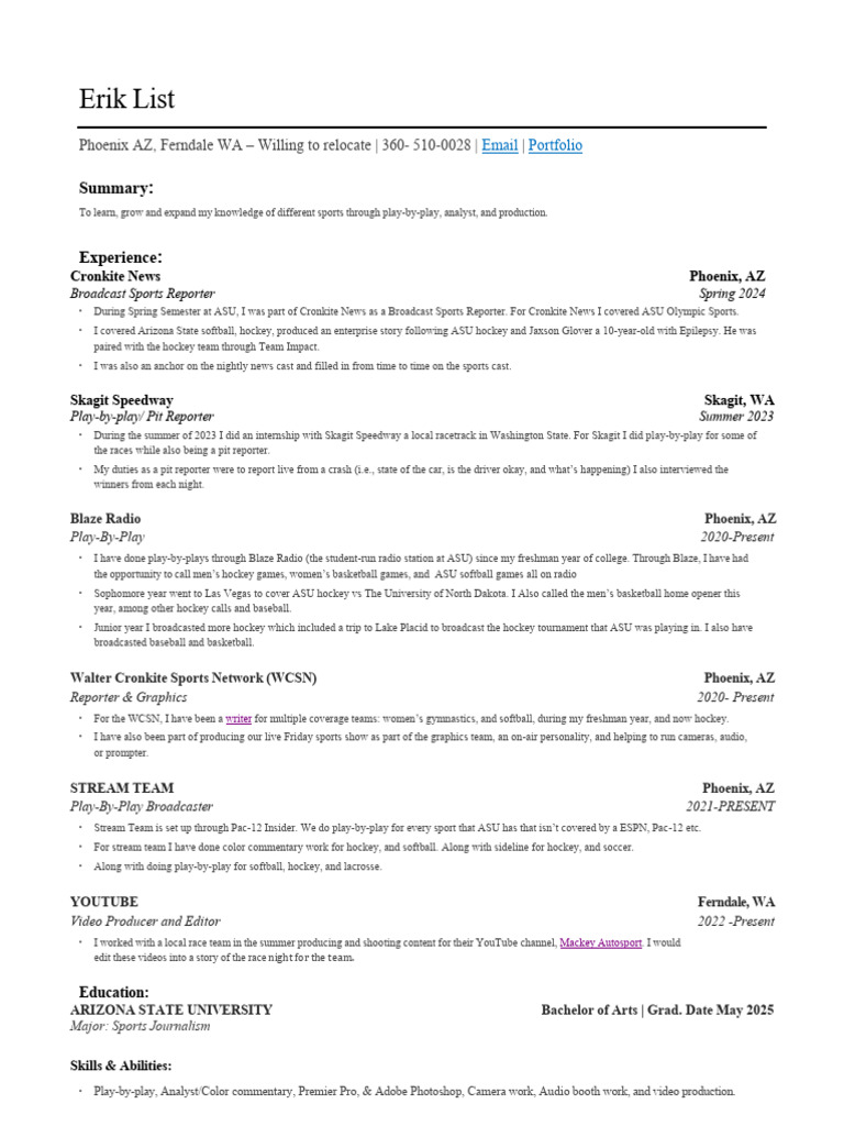 Broadcast Resume - Erik List | PDF | Arizona State University | Mass Media