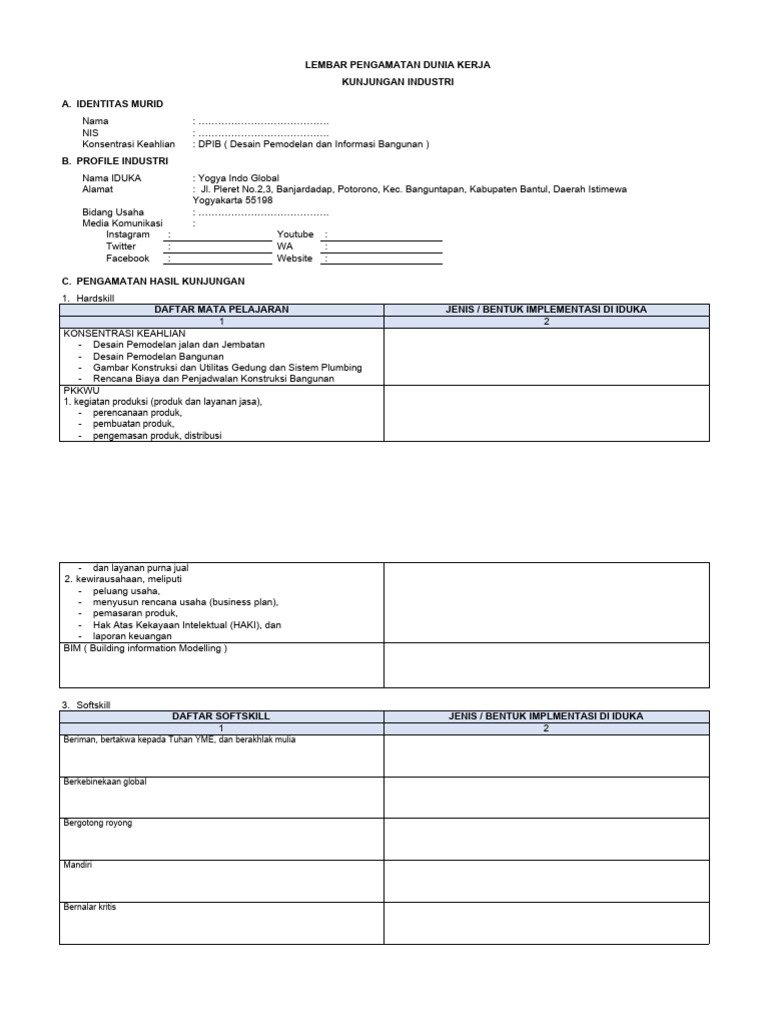 LK 1. Lembar Pengamatan Dunia Kerja DPIB | PDF