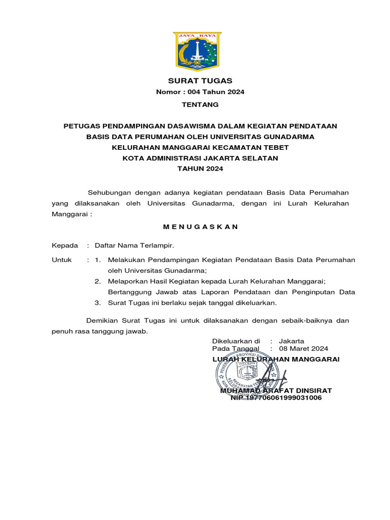 Surat Tugas Pendampingan Dasawisma Kegiatan Pendataan Basis Data ...
