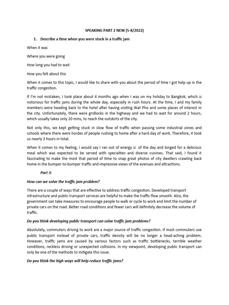 Speaking Part 2 2nd Quarter 2022 | PDF | Traffic | Traffic Congestion