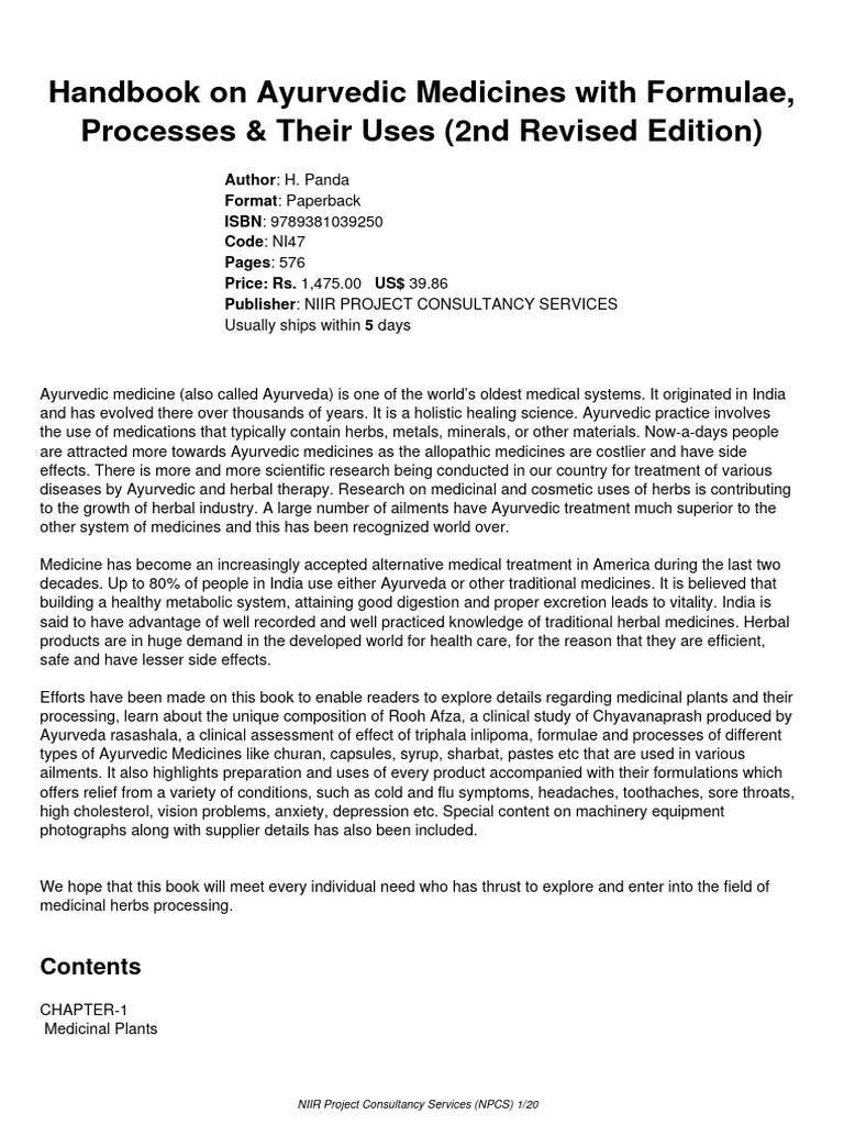 Niir Handbook On Ayurvedic Medicines With Formulae Processes Their Uses 2nd Revised Edition ...