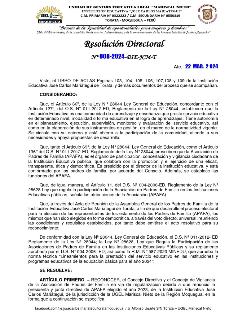 Resolucion de Reconocimiento de Apafa y Recursos Propios | PDF | Regulación