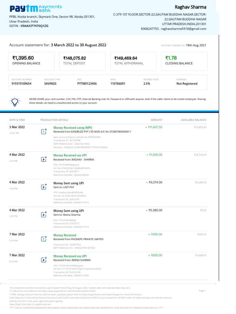 Paytm 6 Months Statement 1 | PDF | Banking | Financial Services