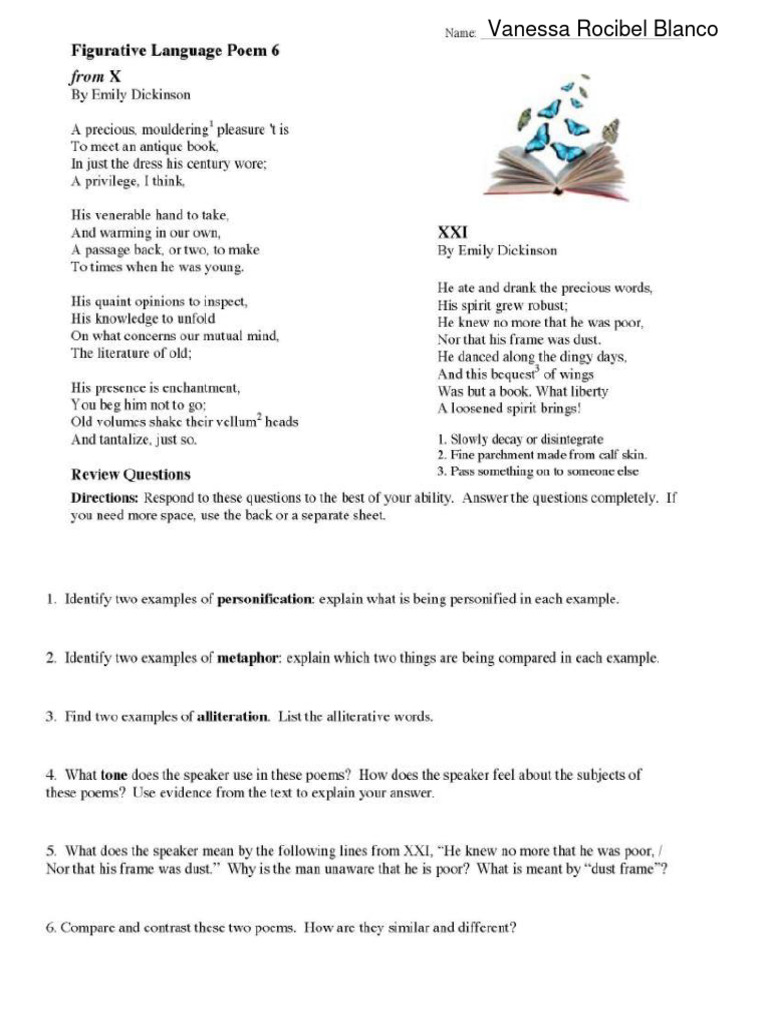 Emily Dickinson Worksheet - Done | PDF