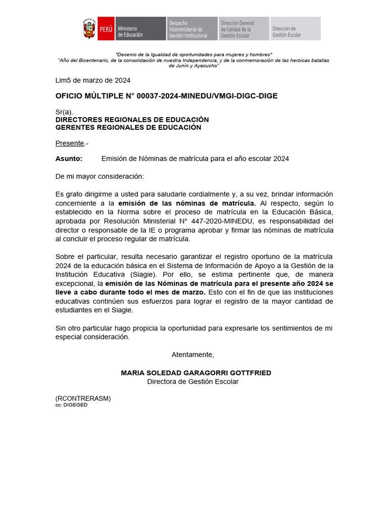 Oficio - Multiple 00037 2024 Minedu Vmgi Digc Dige | PDF