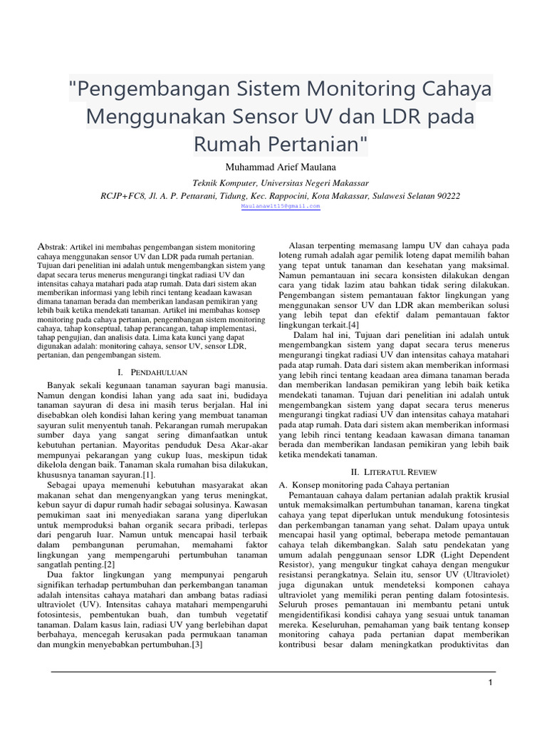 Pengembangan Sistem Monitoring Cahaya Menggunakan Sensor UV dan LDR pada Rumah Pertanian ...