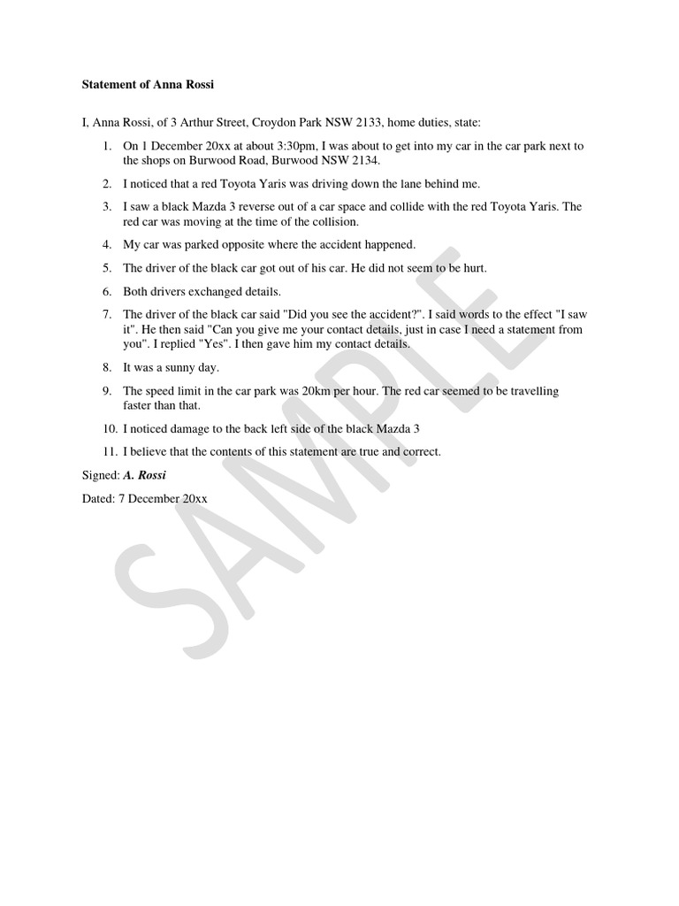 Sample Witness Statement - Car Accidents | PDF