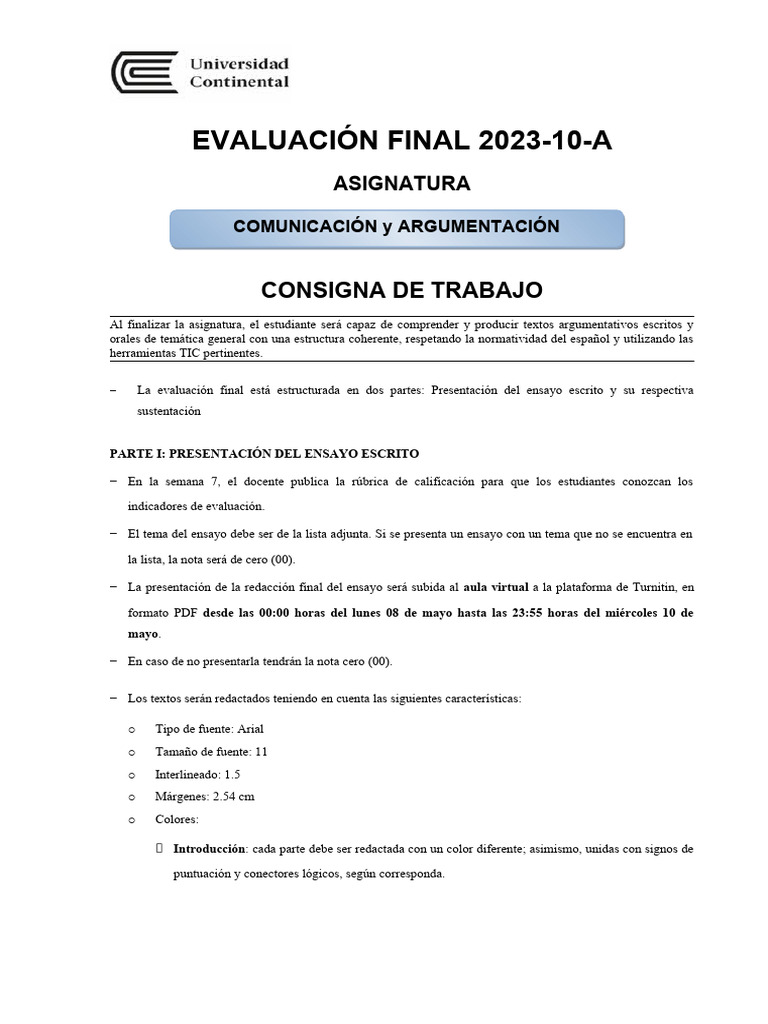 Consigna de Trabajo - Evaluación Final 2023-10-A | PDF | Ensayos | Comunicación humana