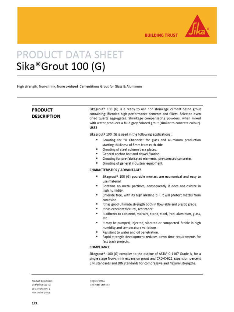 Tds Sika Grout 100 G Ed 2 1 Pdf Concrete Cement