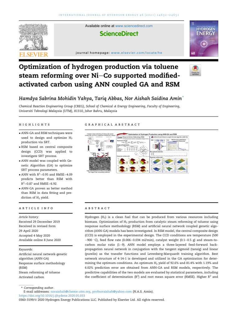 1 s2.0 S0360319920317857 Main | PDF | Catalysis | Artificial Neural Network