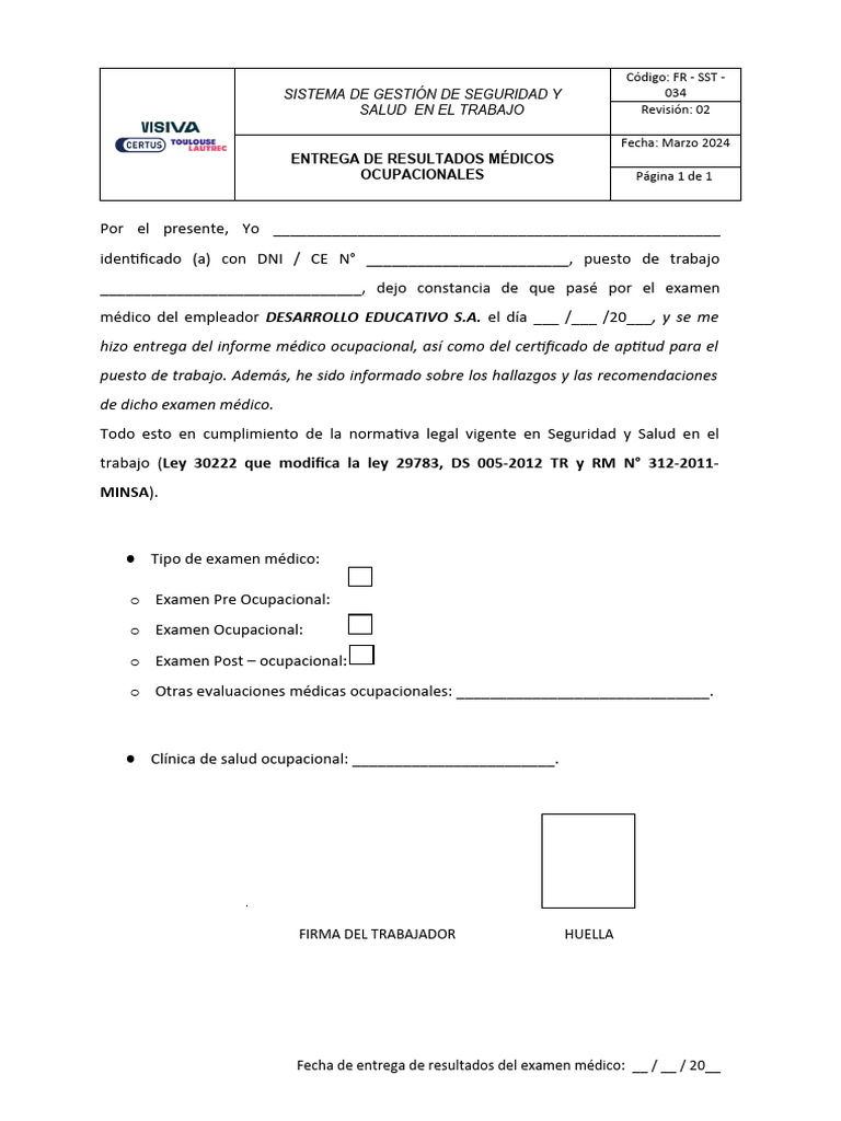 Formato de Entrega de EMO DESARROLLO (Visiva, Certus, TLS) | PDF