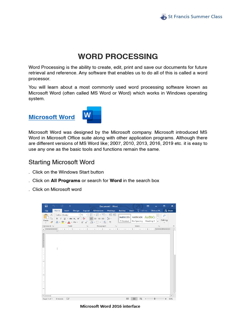 Class 2 Word Processing (Ms word) | PDF | Microsoft Word | Window (Computing)