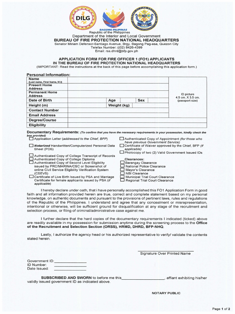 BFP NHQ FO1 Application Form Regular Quota | PDF
