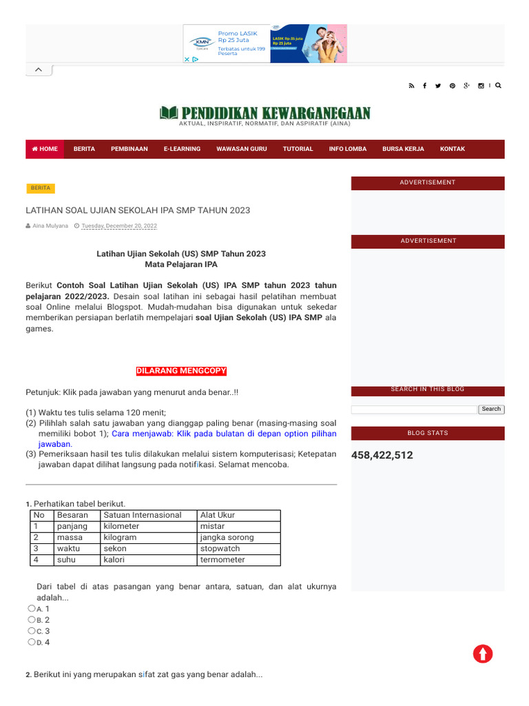 Latihan Soal Ujian Sekolah Ipa SMP Tahun 2023 - Pendidikan Kewarganegaraan171246 | PDF