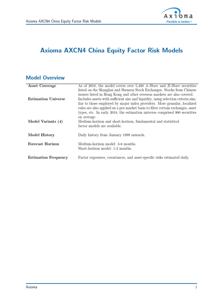 Axioma Risk Model - Fact Sheet (CN 4) | PDF | Beta (Finance) | Exchange ...