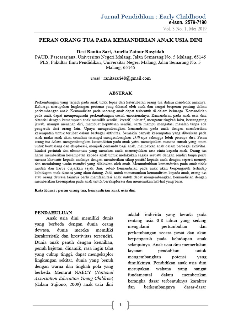 Elfanfanhasfatwa, Desi Ranita Sari, Peran Orang Tua Pada Kemandirian Anak Usia Dini | PDF