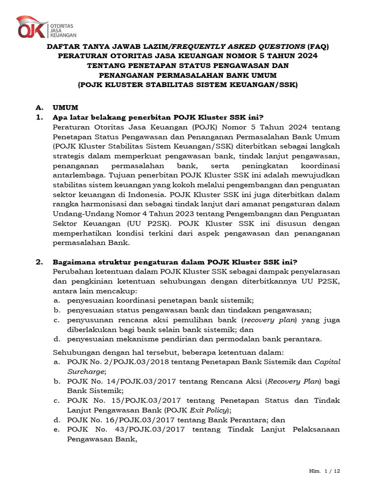 FAQ POJK Nomor 5 Tahun 2024 Penetapan Status Pengawasan Dan Penanganan Permasalahan Bank Umum | PDF