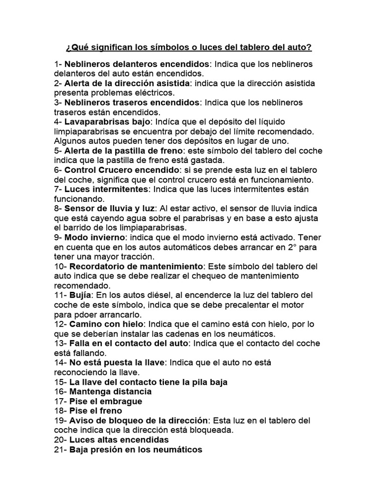 Qué Significan Los Símbolos o Luces Del Tablero Del Auto - Clase4 | PDF ...