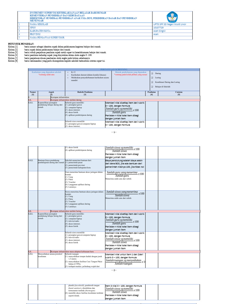 Lembar Kerja Instrumen Supervisi BDR Fix | PDF