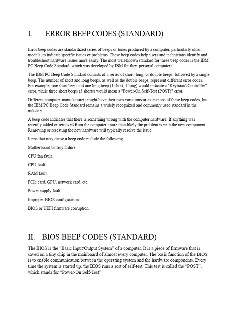 Error Beep Codes | PDF | Bios | Video Game Platforms