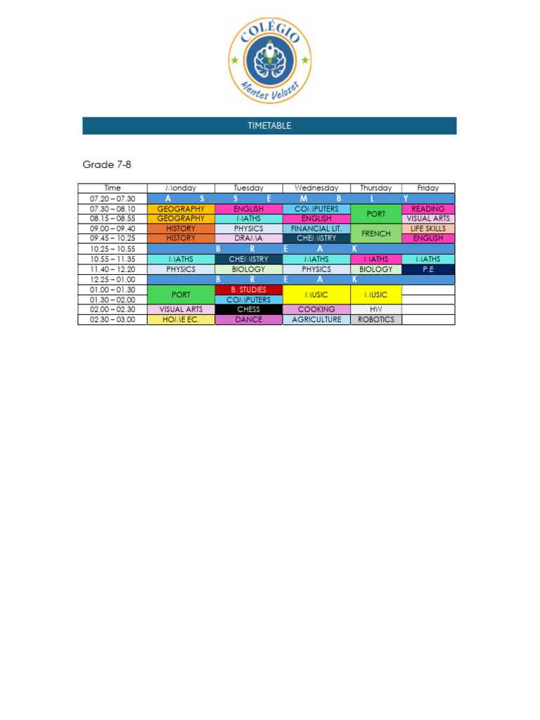 Grade 7-8 TIMETABLE | PDF