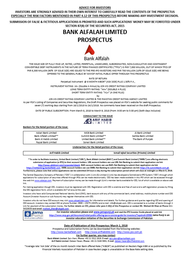 Handout # 4 - Bank Alfalah Perpetual TFC Issue PKR 7 Billion Prospectus | PDF | Capital ...