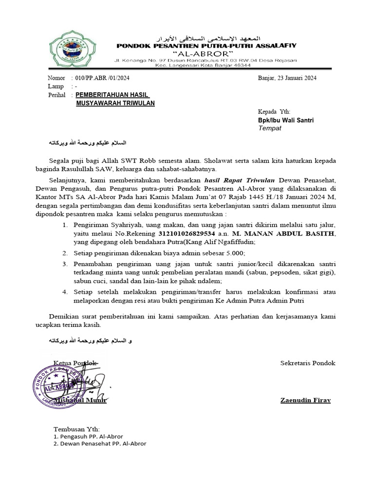 Surat Pemberitahuan HASIL RAPAT TRIWULAN | PDF Surat Pemberitahuan HASIL RAPAT TRIWULAN | PDF