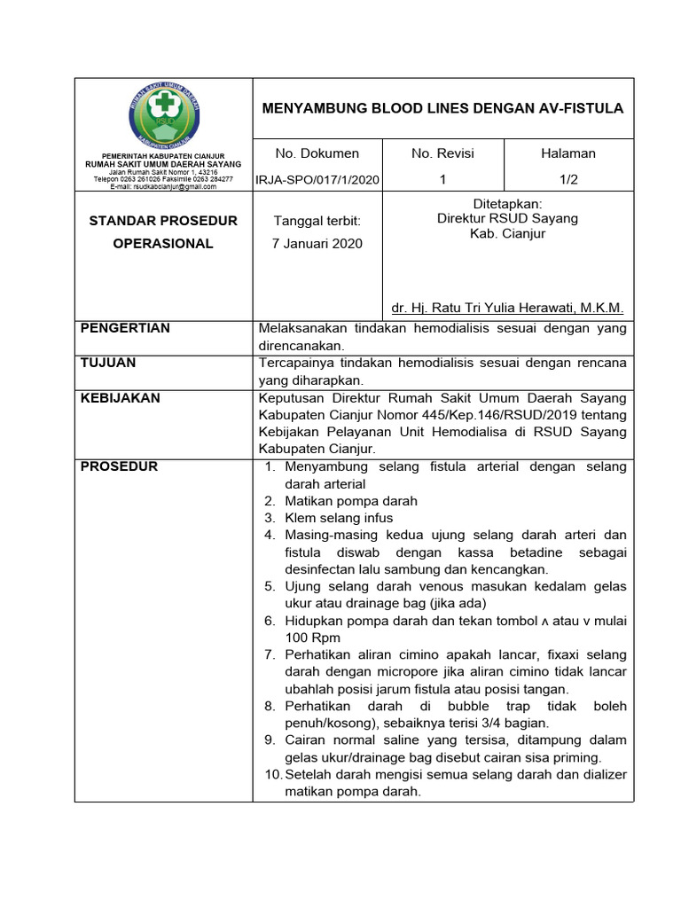 SOP MENYAMBUNG BL Dengan AV-Fistula | PDF