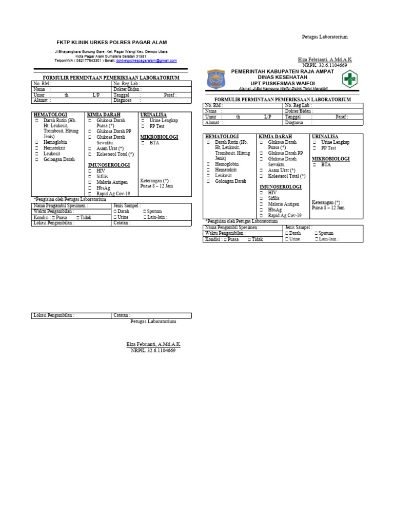 Form Pemeriksaan Lab | PDF