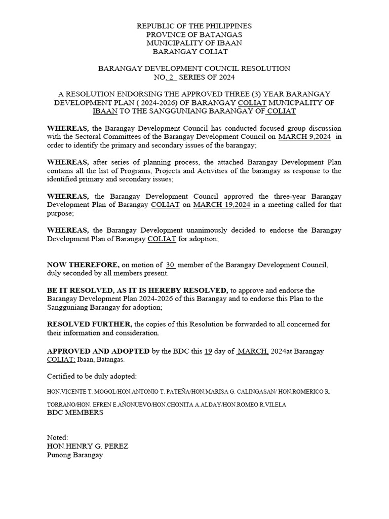 Barangay Development Council Resolution | PDF