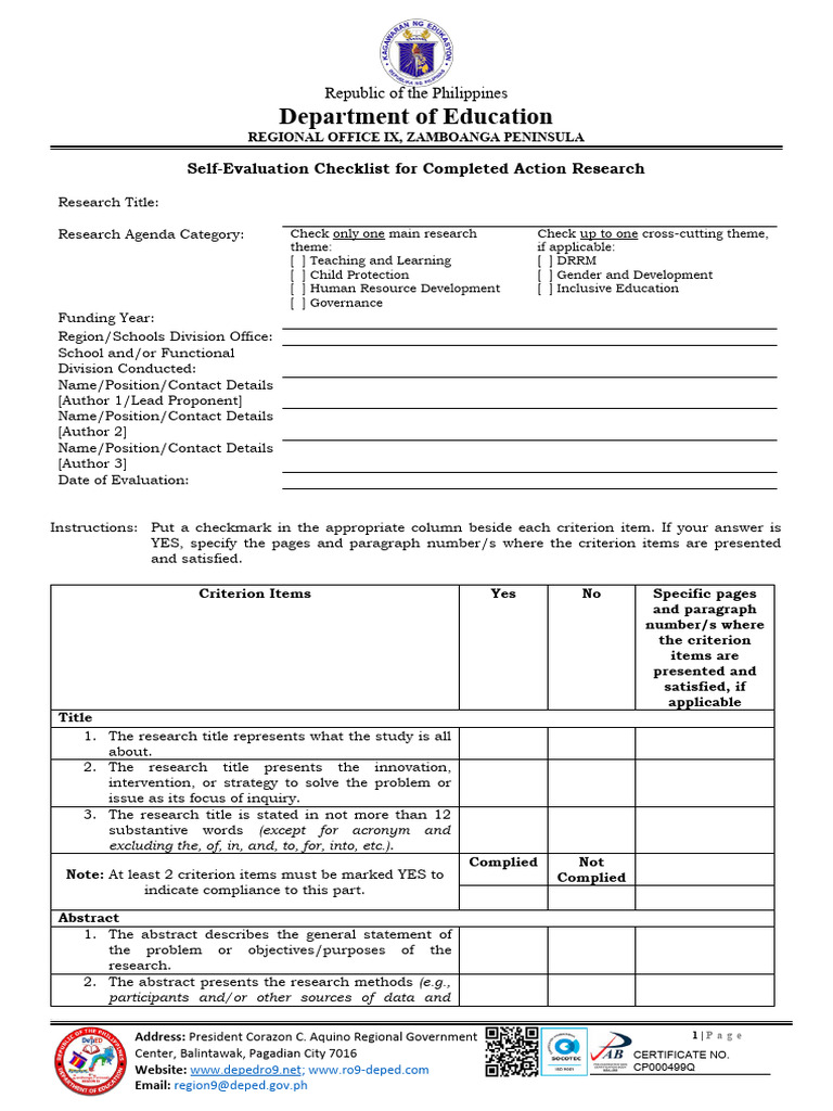 Action Research Self-Evaluation Checklist | PDF | Methodology | Science