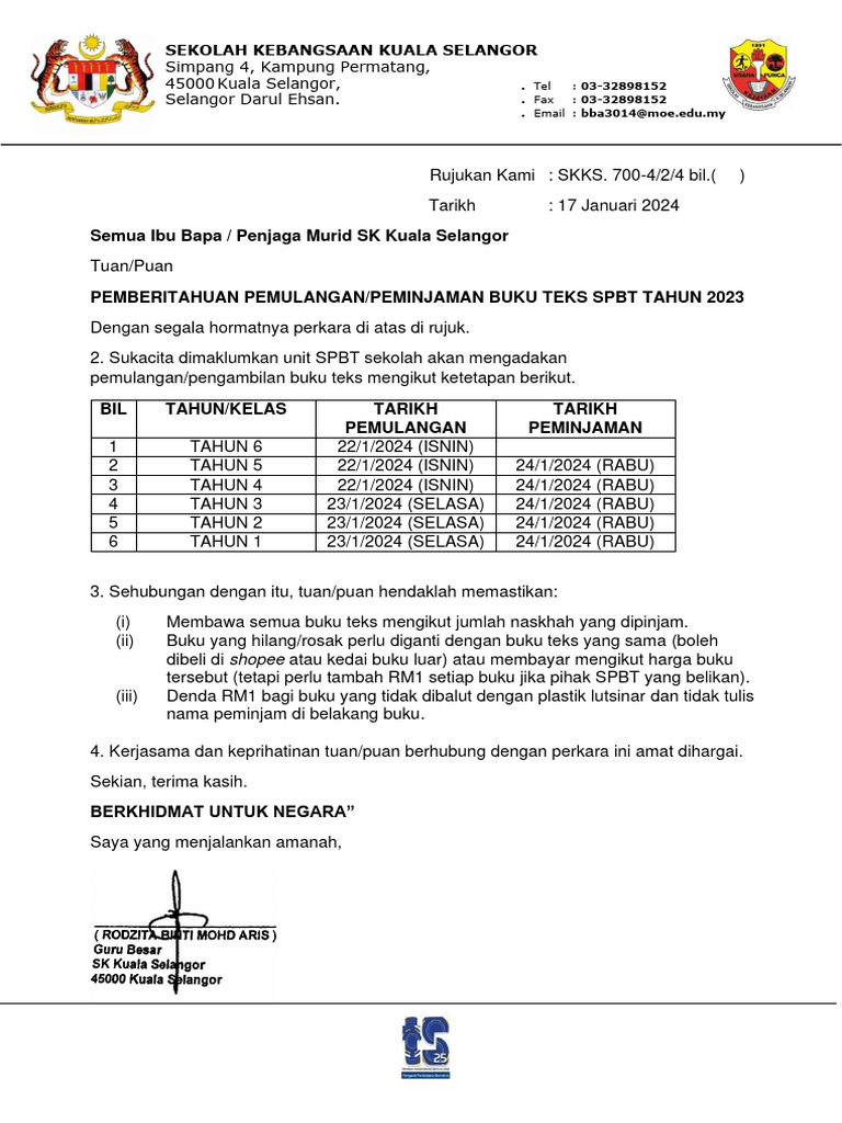 Surat Pemulangan Buku Teks 2024 | PDF
