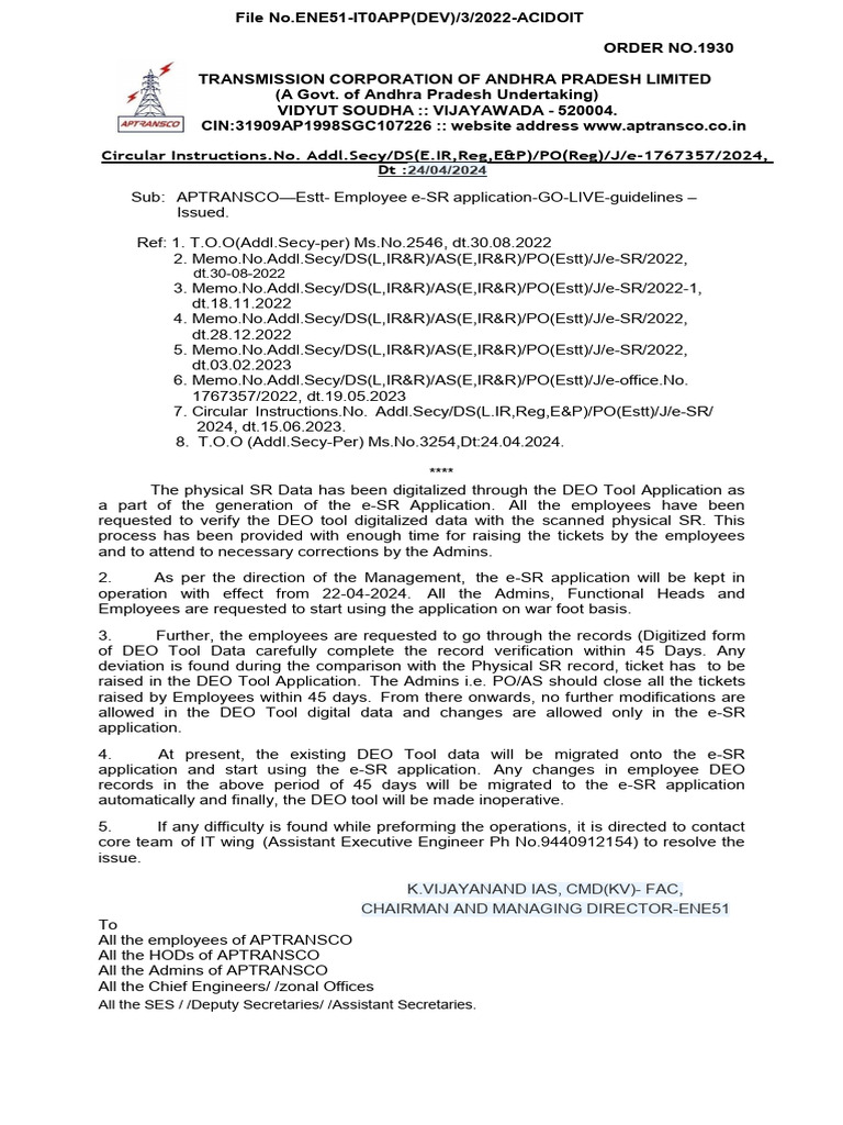 Circular Instructions - No. Addl - Secy/DS (E.IR, Reg, E&P) /PO (Reg) /j/e-1767357/2024, DT ...