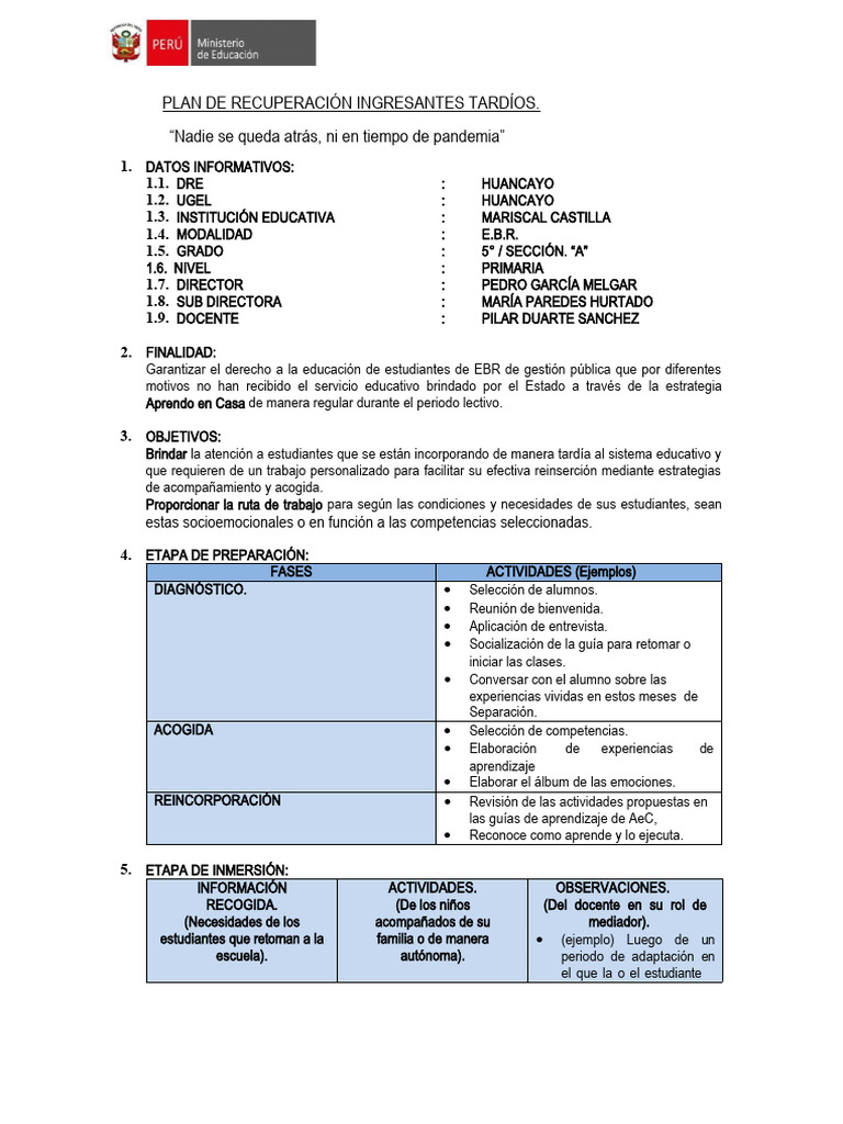 Plan de Recuperacion para Alumnos Con Ingreso Tardio | Descargar gratis ...