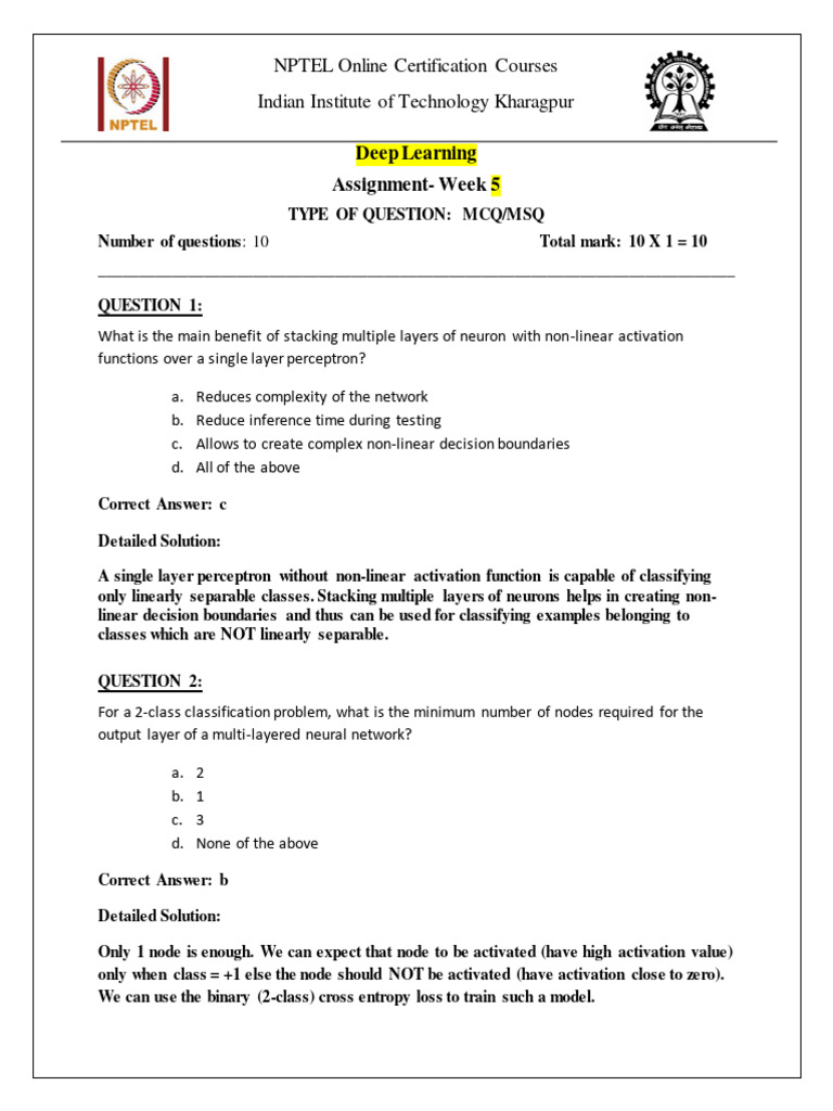 DEEP LEARNING IIT Kharagpur Assignment - 5 - 2024 | PDF | Artificial Neural Network ...