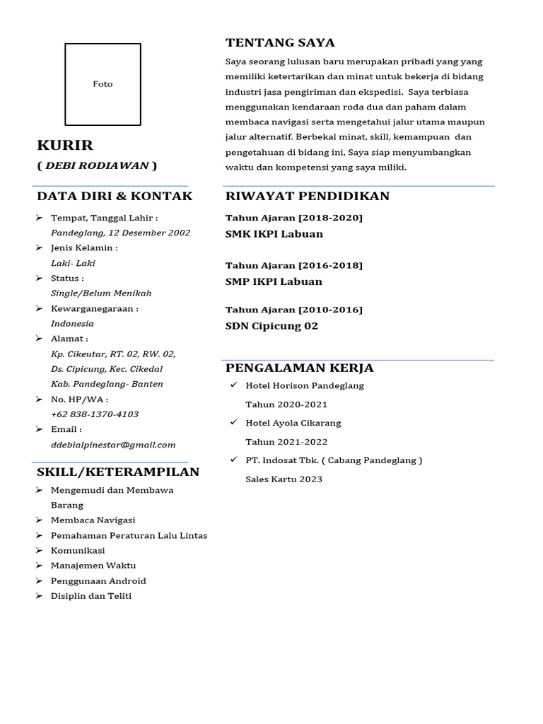 1 Curriculum Vitae (CV) Kurir Lulusan SMA-SMK Untuk Fresh Graduate DEBI RODIAWAN | PDF